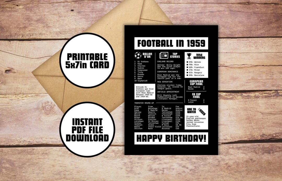 Football Birthday Card Born in 1959 Birthday Card 65th Birthday Card ...