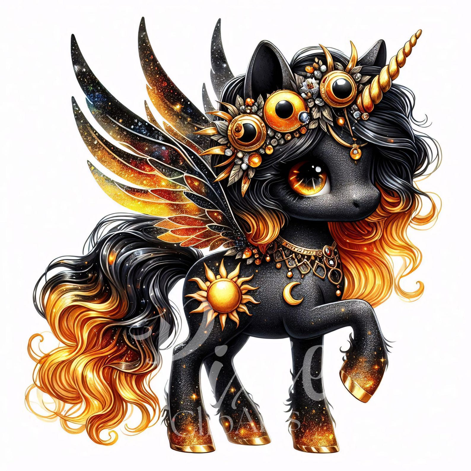 Magical Black Fairy Unicorn Clipart | Set of 10 High Quality 300DPI JPG, Obsidian Eclipse Black ...