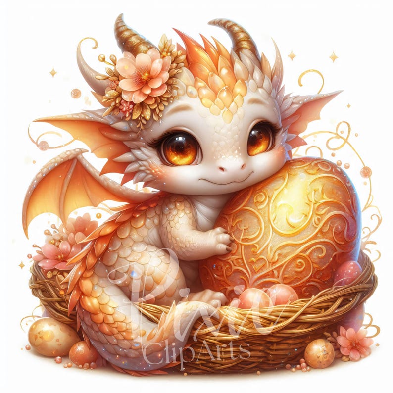 Easter Baby Dragon Clipart | Easter Golden Chibi Dragon Clipart | Set ...