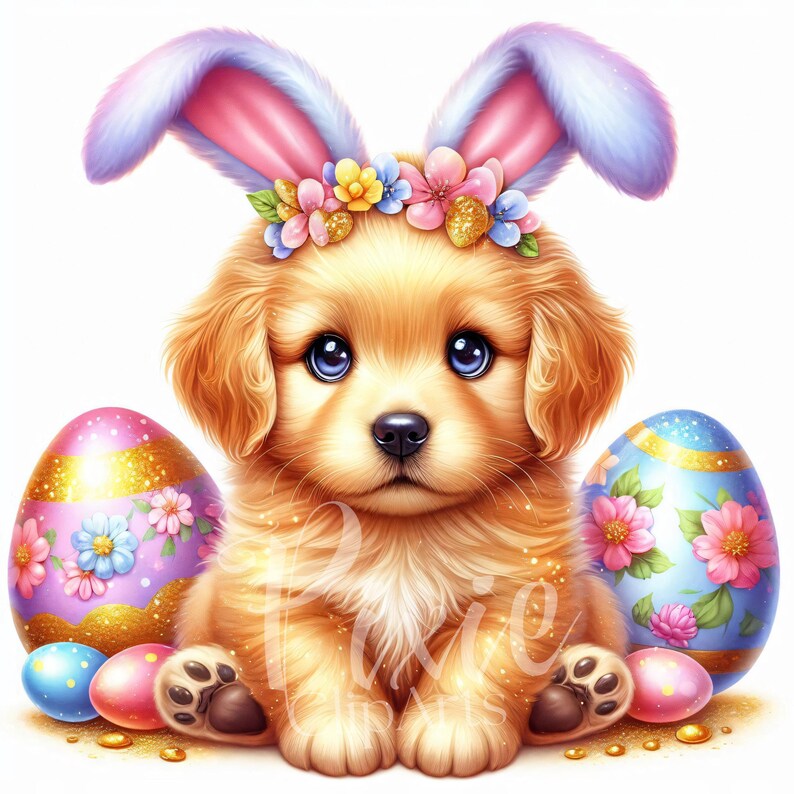 Easter Puppy Clipart | Spring Puppy on Bunny Ears Clipart | Set of 8 ...