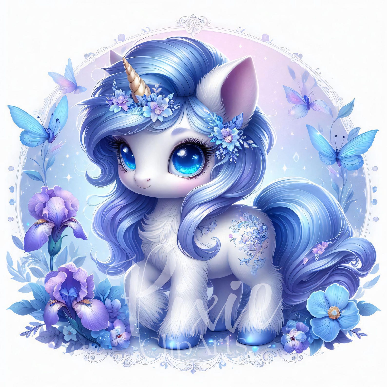 Magical Blue Unicorn Clipart, Cute Fantasy Unicorn With Flowers ...