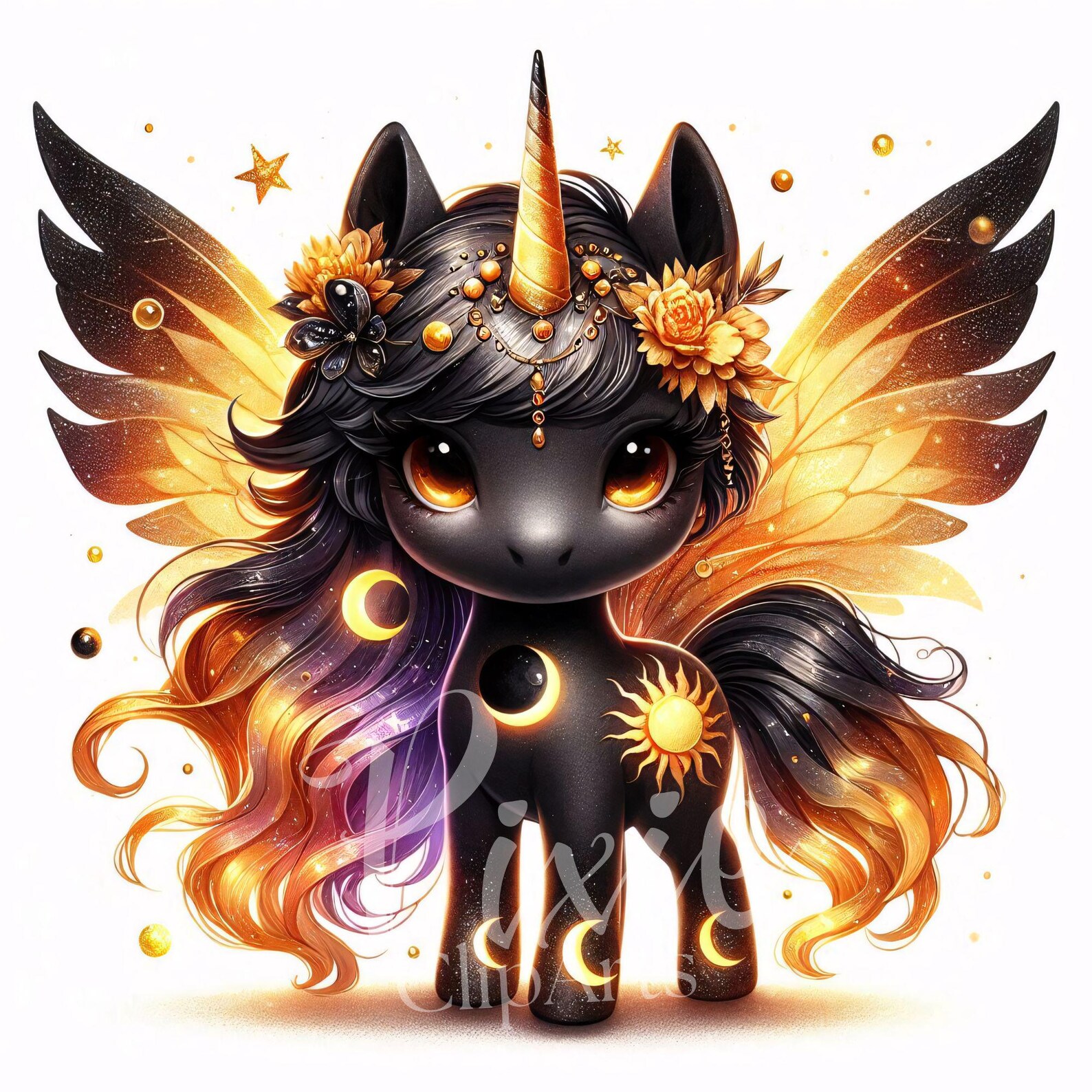 Magical Black Fairy Unicorn Clipart | Set of 10 High Quality 300DPI JPG, Obsidian Eclipse Black ...