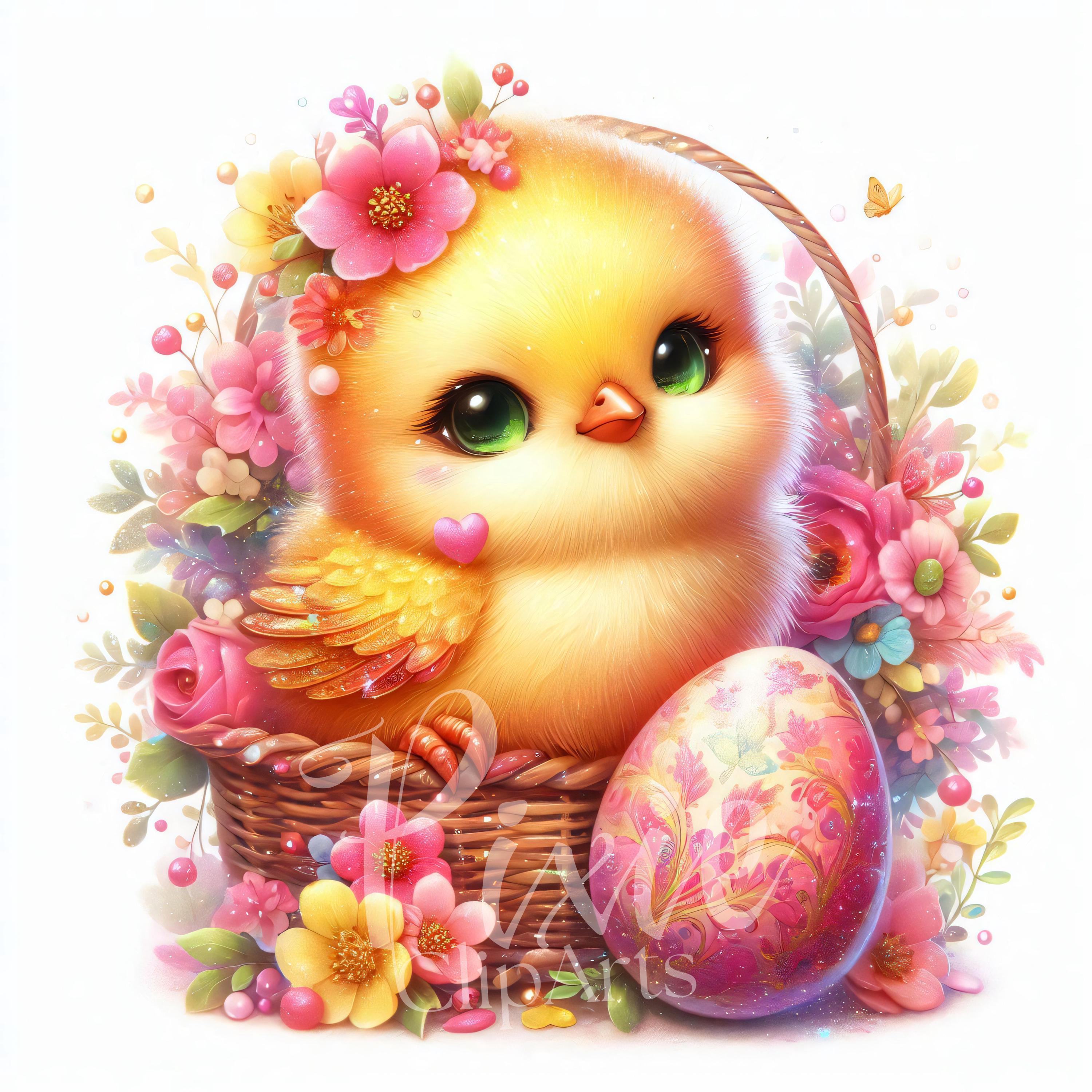 Easter Floral Chick Clipart, Cute Baby Chick Clipart Set - 8 Jpgs High ...