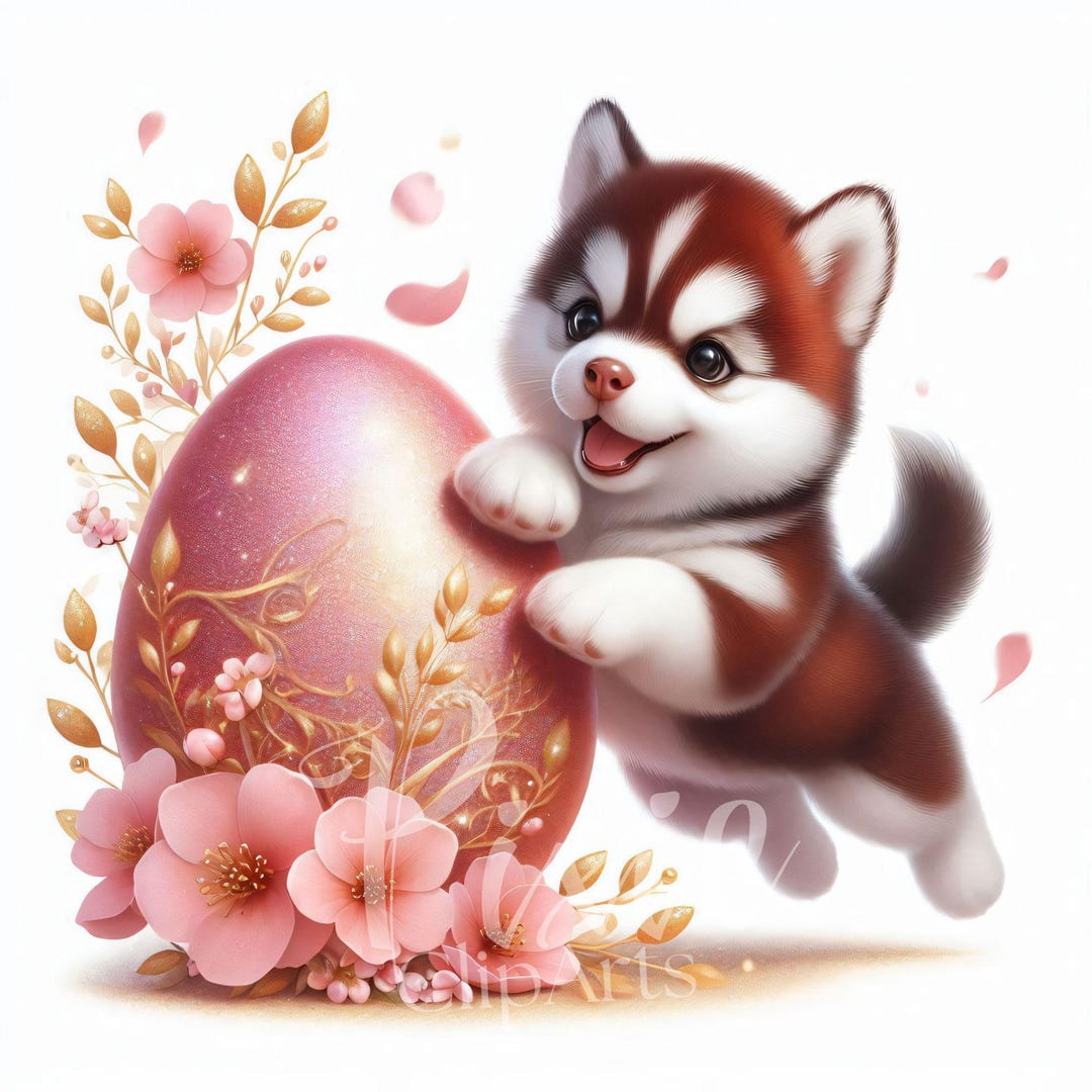Easter Puppy Clipart | Playful Spring Husky Clipart | Set of 10 High ...