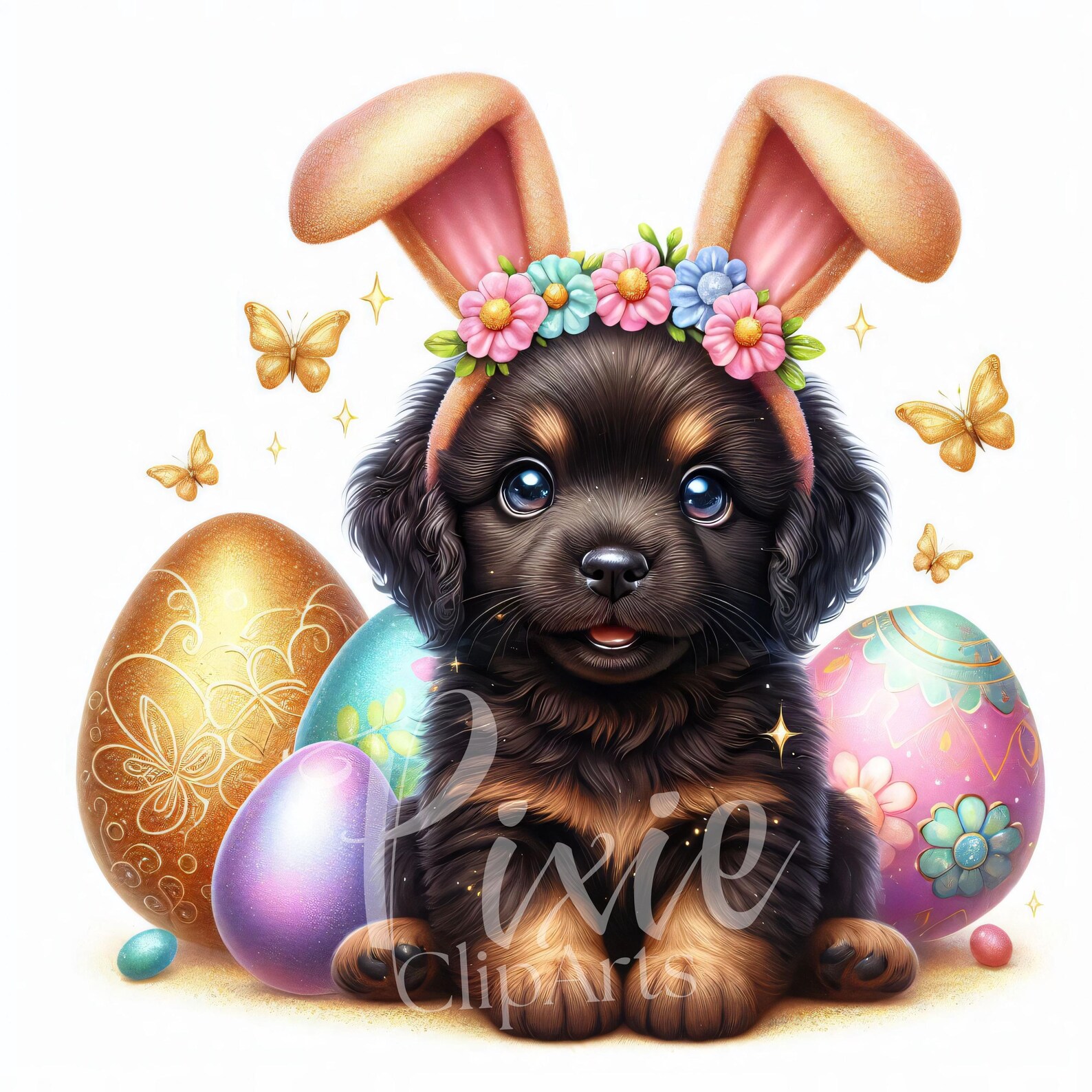 Easter Puppy Clipart | Spring Puppy on Bunny Ears Clipart | Set of 8 ...