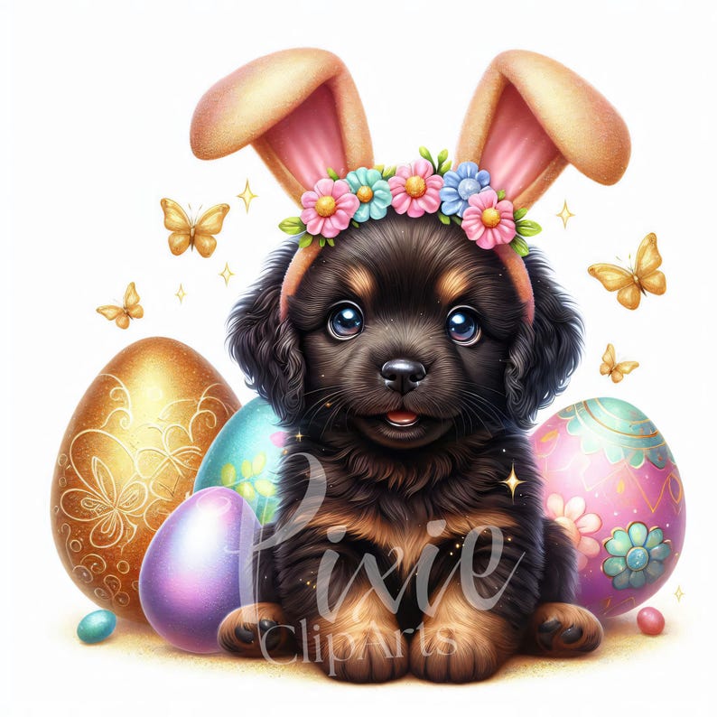 Easter Puppy Clipart | Spring Puppy on Bunny Ears Clipart | Set of 8 ...