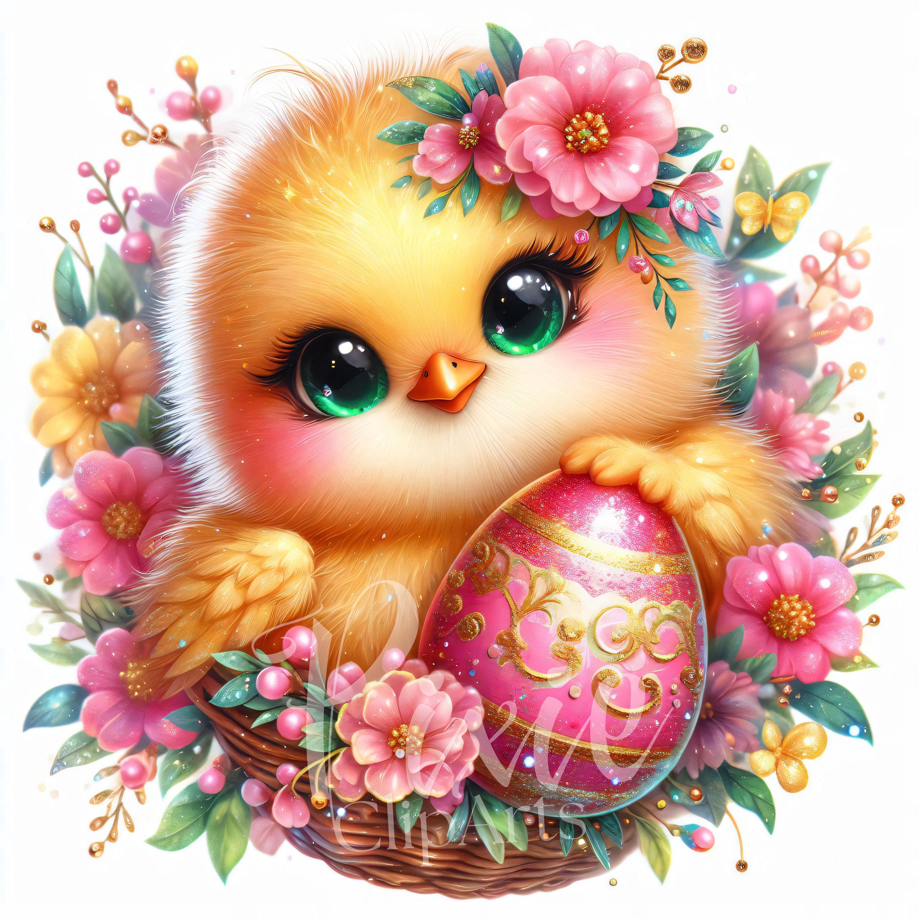 Easter Floral Chick Clipart, Cute Baby Chick Clipart Set - 8 Jpgs High ...