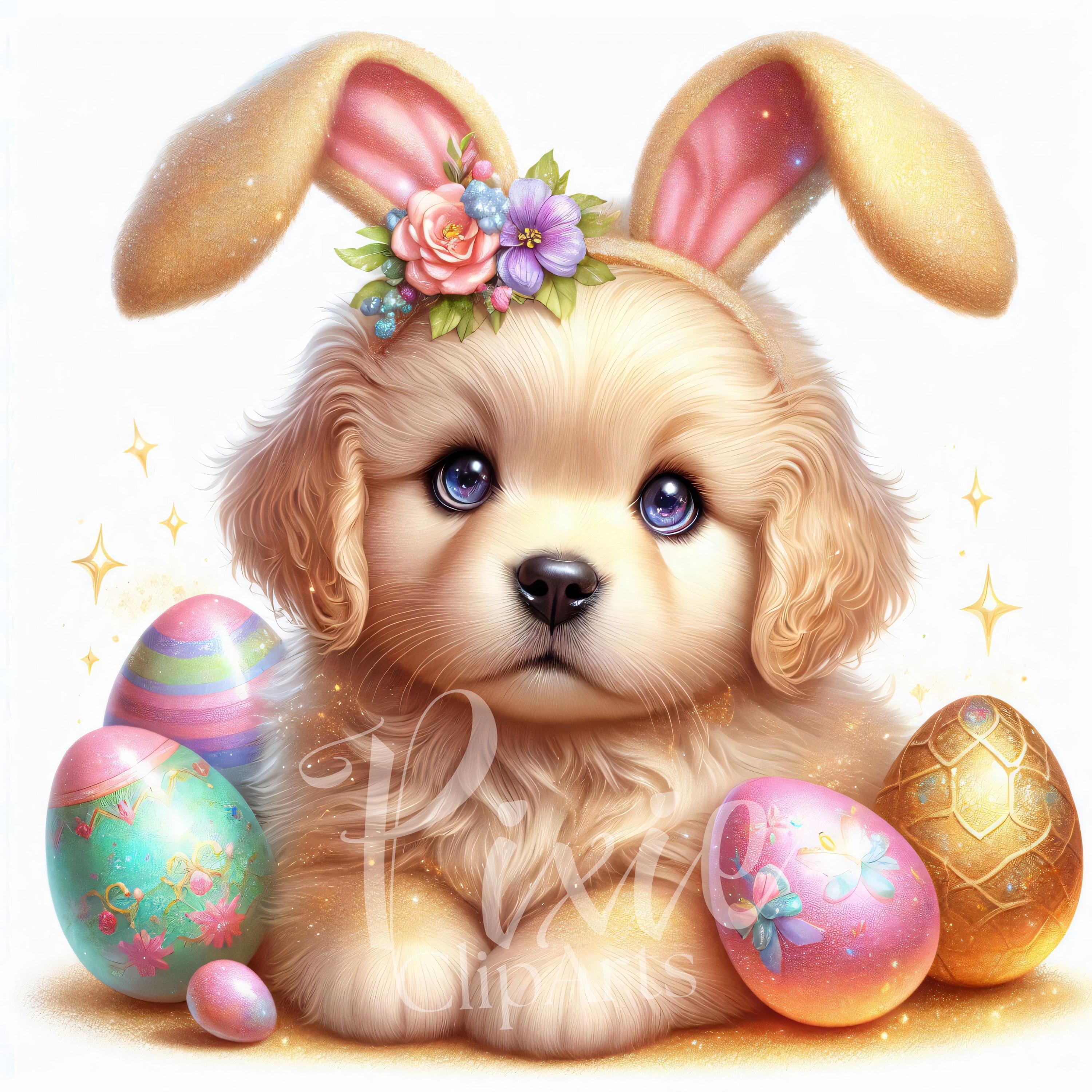 Easter Puppy Clipart | Spring Puppy on Bunny Ears Clipart | Set of 8 ...