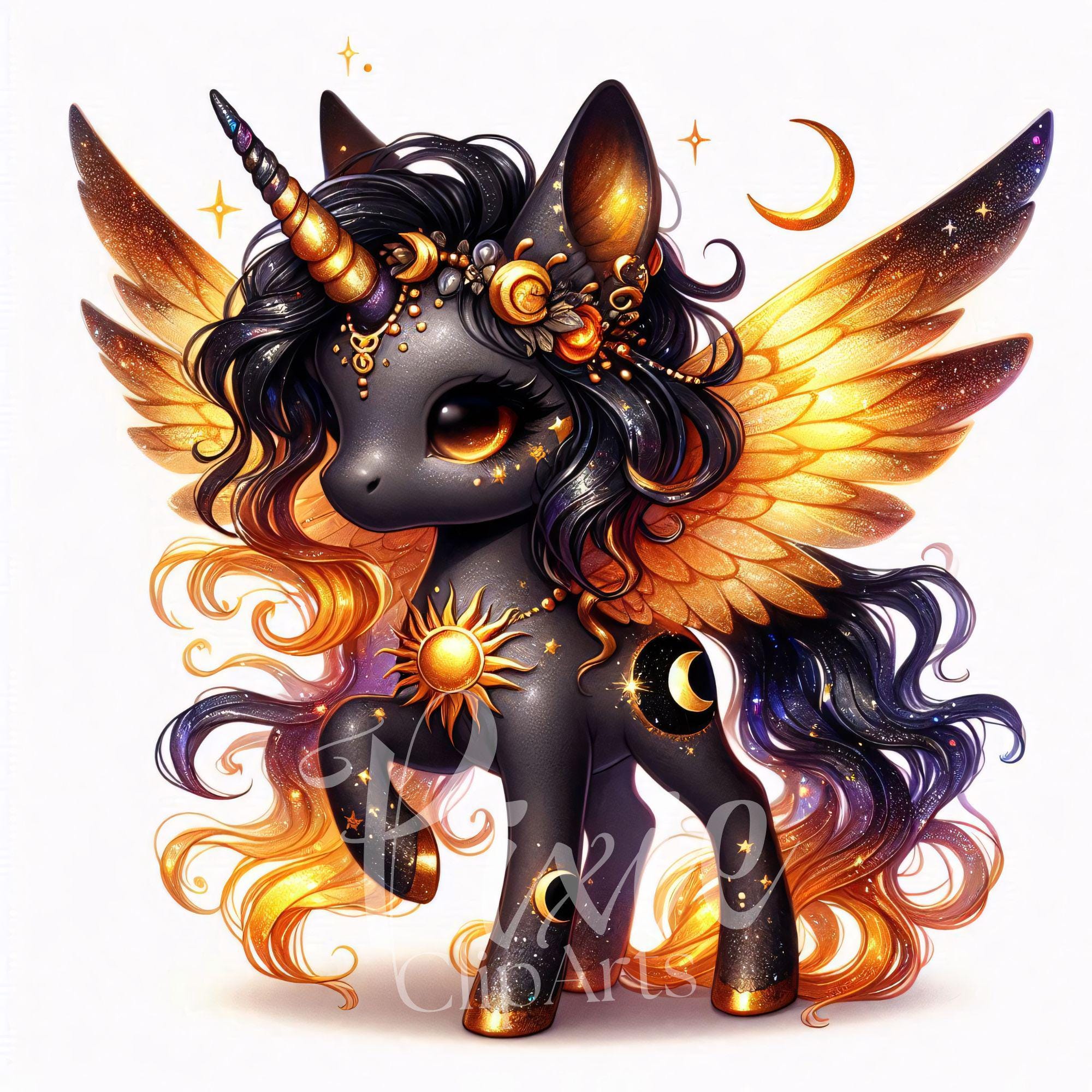 Magical Black Fairy Unicorn Clipart | Set of 10 High Quality 300DPI JPG, Obsidian Eclipse Black ...
