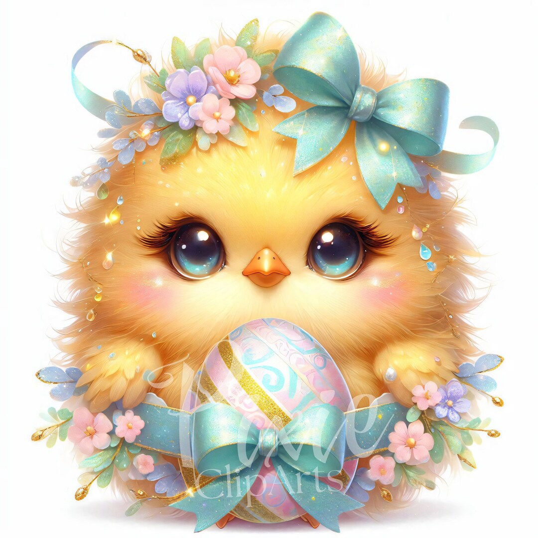 Easter Chick Clipart, Spring Chick With Ribbon Clipart Set - 8 JPG High ...