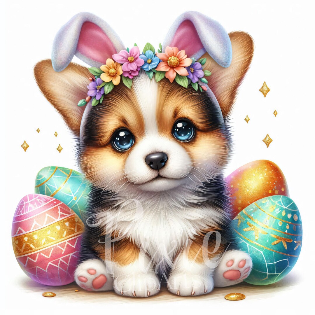 Easter Puppy Clipart | Spring Puppy on Bunny Ears Clipart | Set of 8 ...
