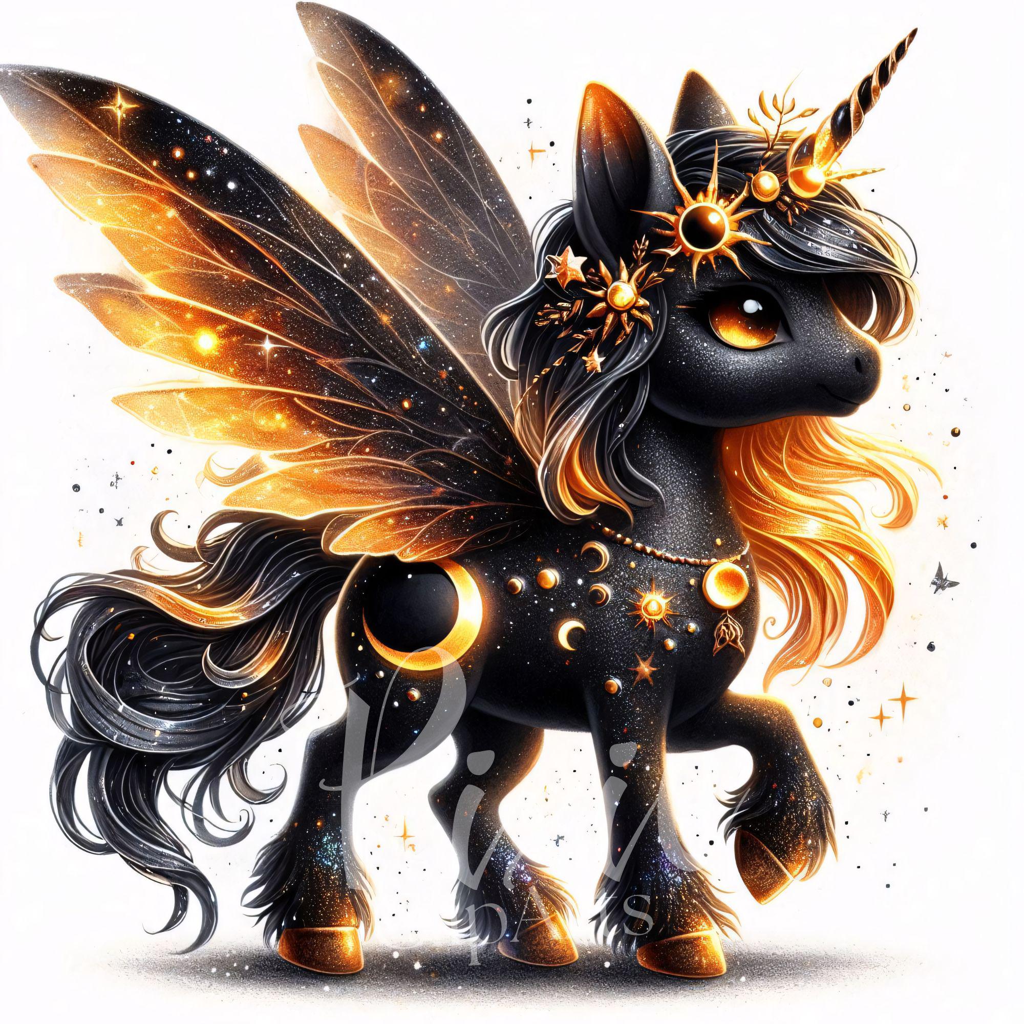 Magical Black Fairy Unicorn Clipart | Set of 10 High Quality 300DPI JPG, Obsidian Eclipse Black ...