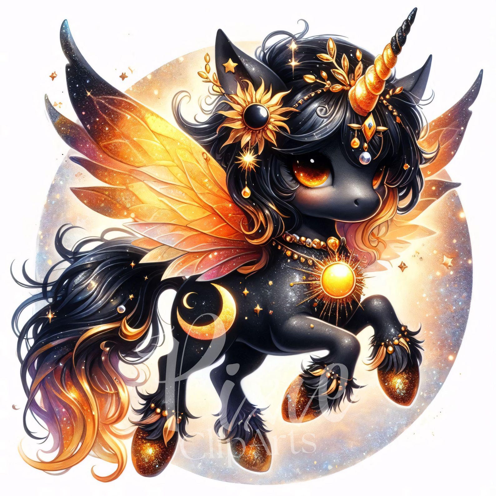 Magical Black Fairy Unicorn Clipart | Set of 10 High Quality 300DPI JPG, Obsidian Eclipse Black ...