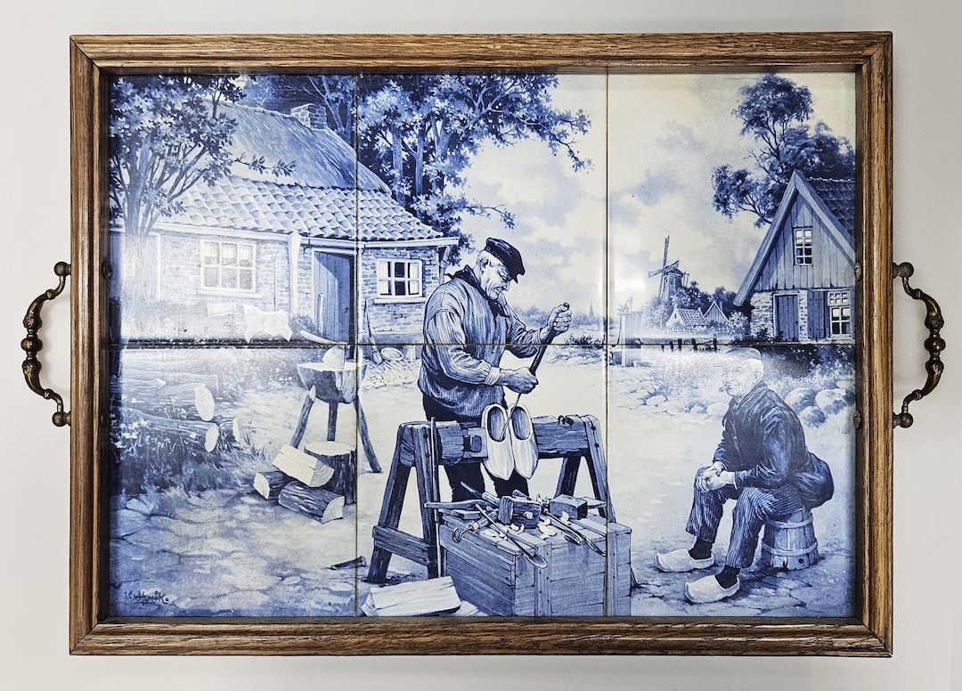 Cyf-vintage Delft Blue Tile Tray With Wooden Frame & Brass Handles ...