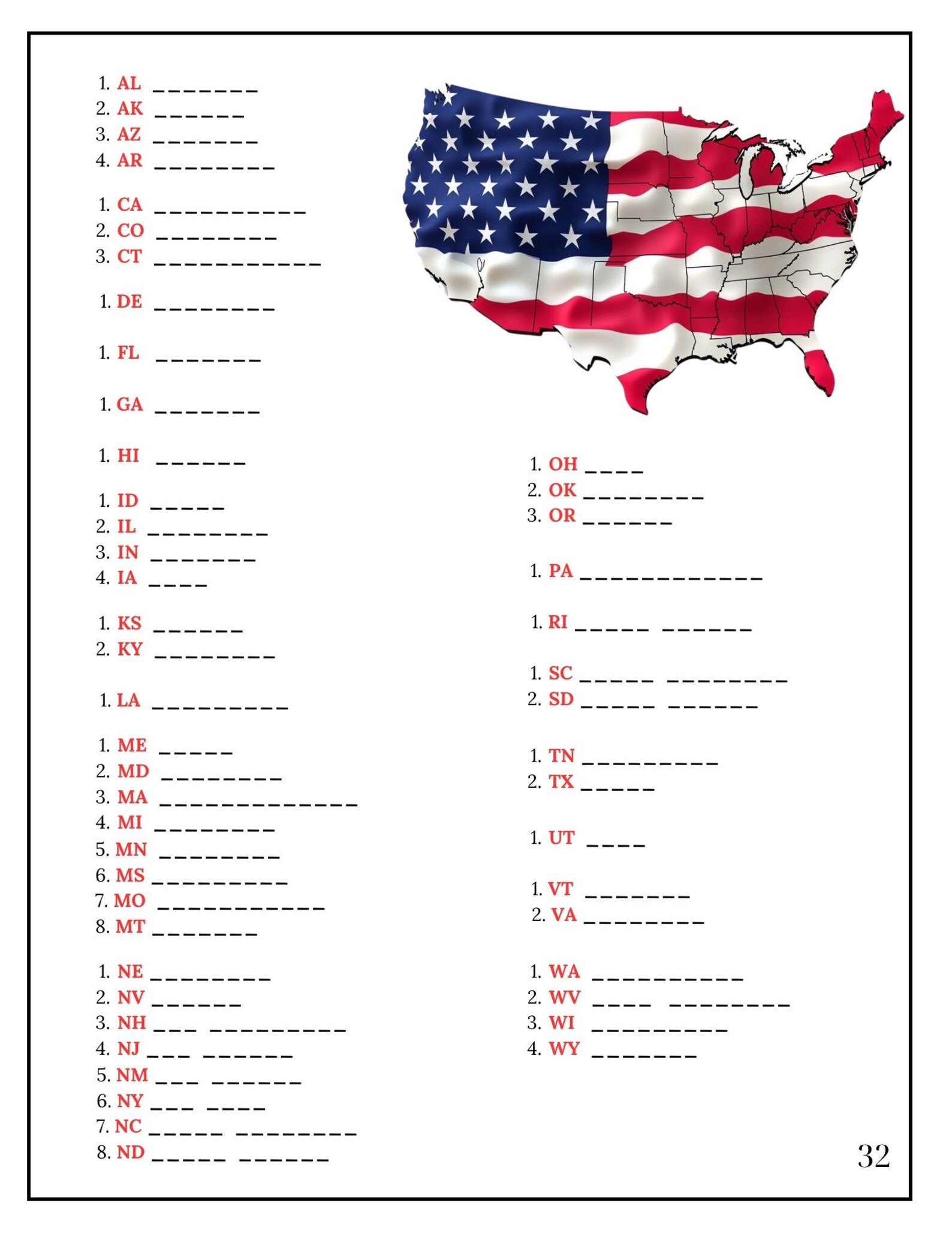 USA Map Worksheet: Alphabetical States Learning Activity (printable PDF ...