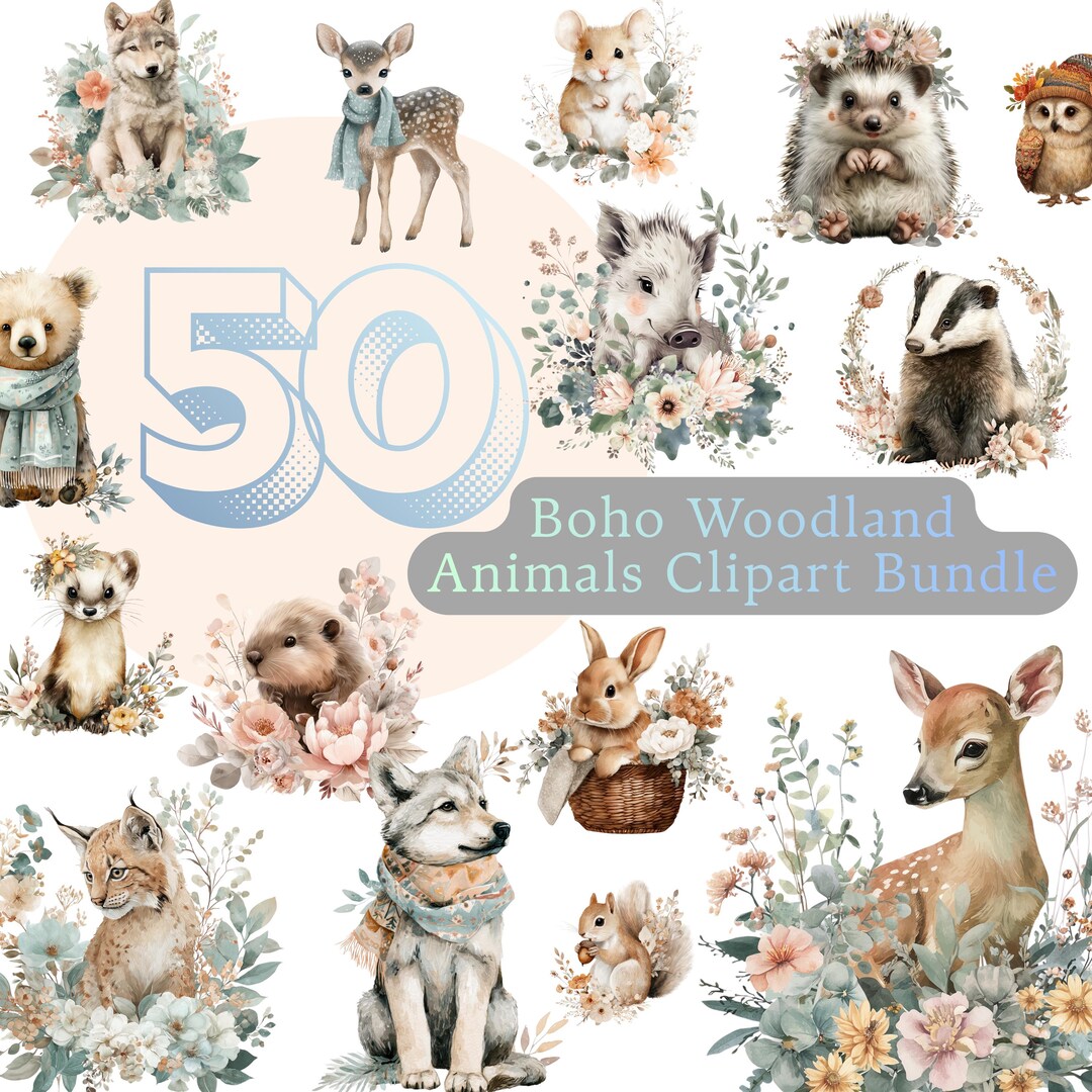Boho Watercolor Woodland Animals Clipart, Nursery Decor (PNG) - Etsy