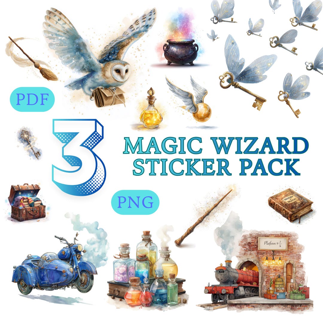 Wizard Sticker Pack. Printable Magic Stickers. Watercolor Scrapbook ...
