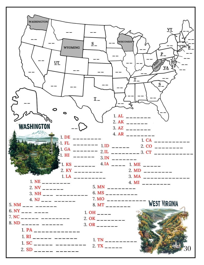 USA Map Worksheet: Alphabetical States Learning Activity (printable PDF ...