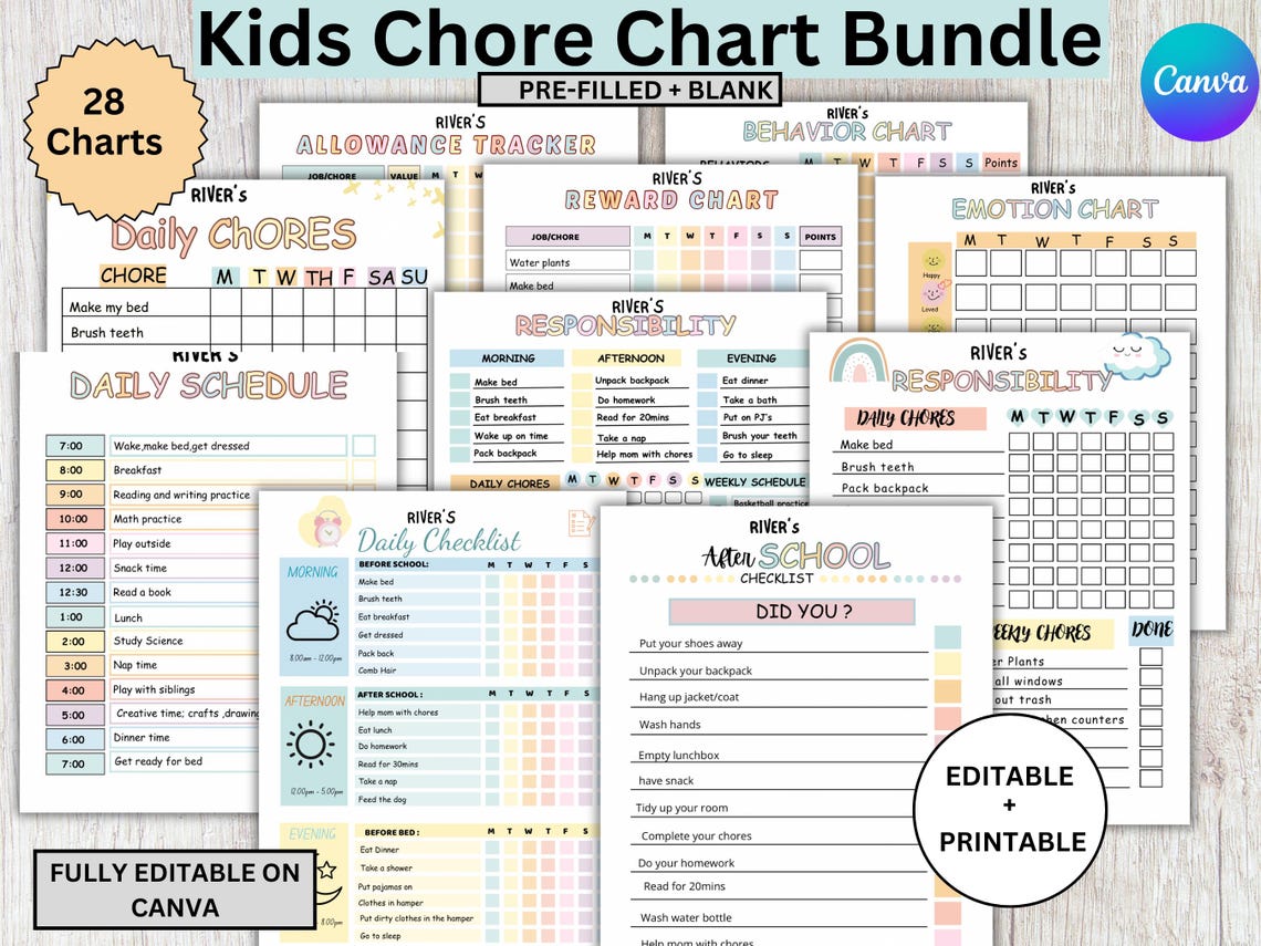 Chore Chart Printable |reward Chart | Weekly Chore Chart | Kids ...