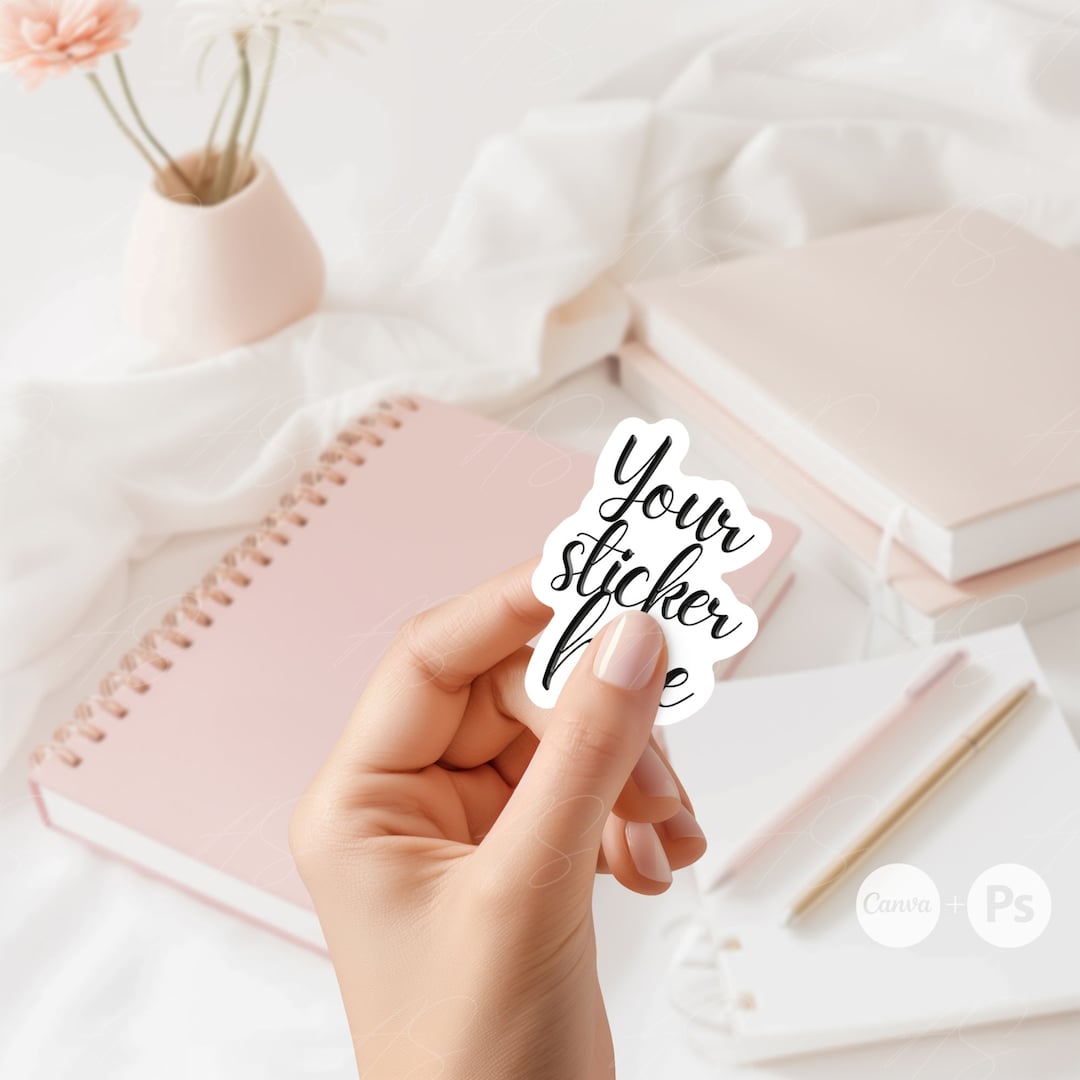 Hand Holding Sticker Mockup, Vinyl Sticker Canva Mockup, Decal Mockup ...