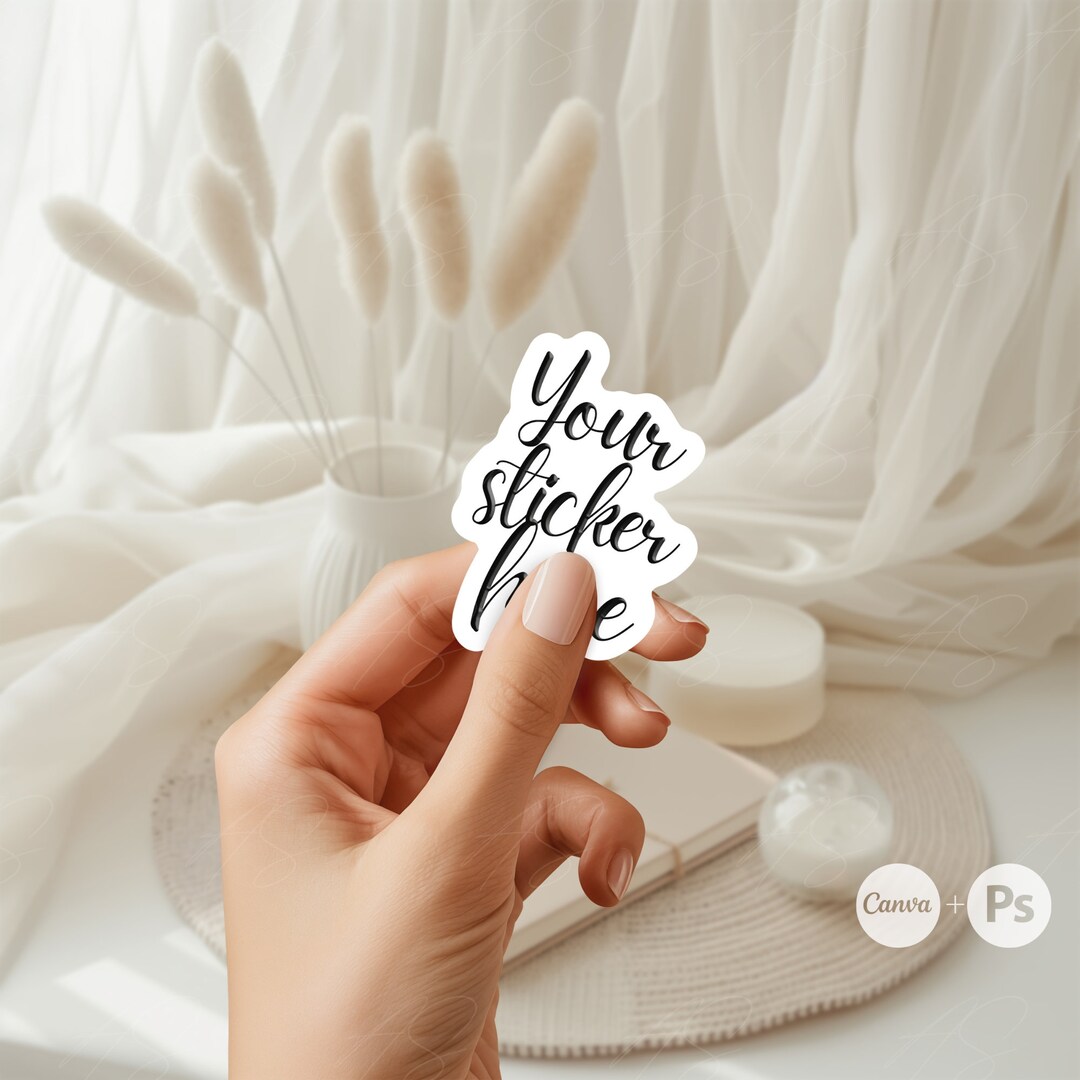 Hand Holding Sticker Mockup, Vinyl Sticker Canva Mockup, Decal Mockup ...