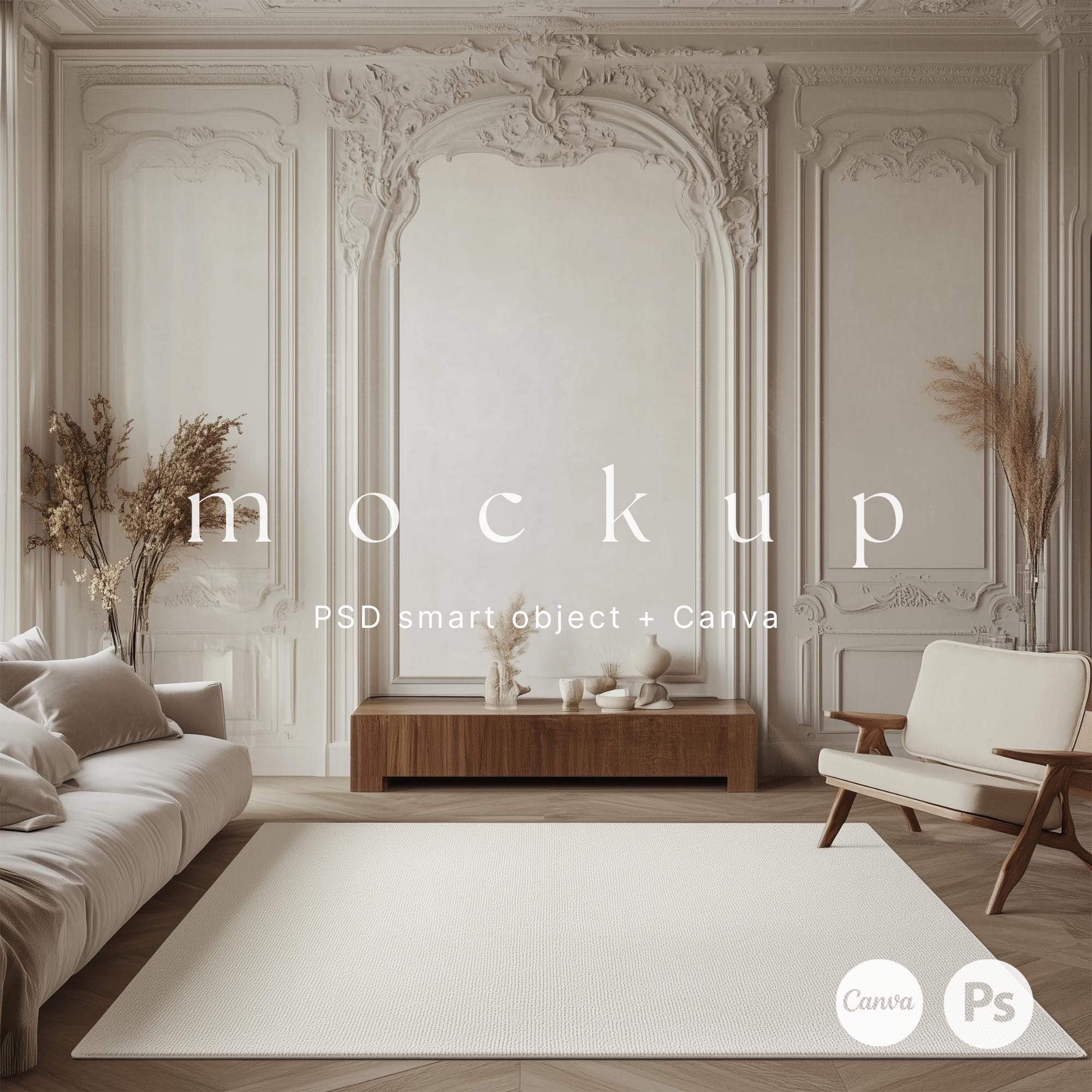 Living Room Carpet Mockup, Area Rug Mockup Canva, French Interior ...