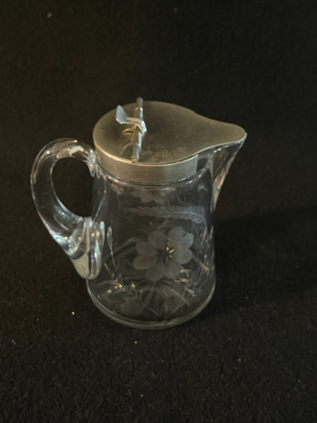Heisey Etched Glass Syrup Pitcher - Collectible Heisey Glass Syrup ...