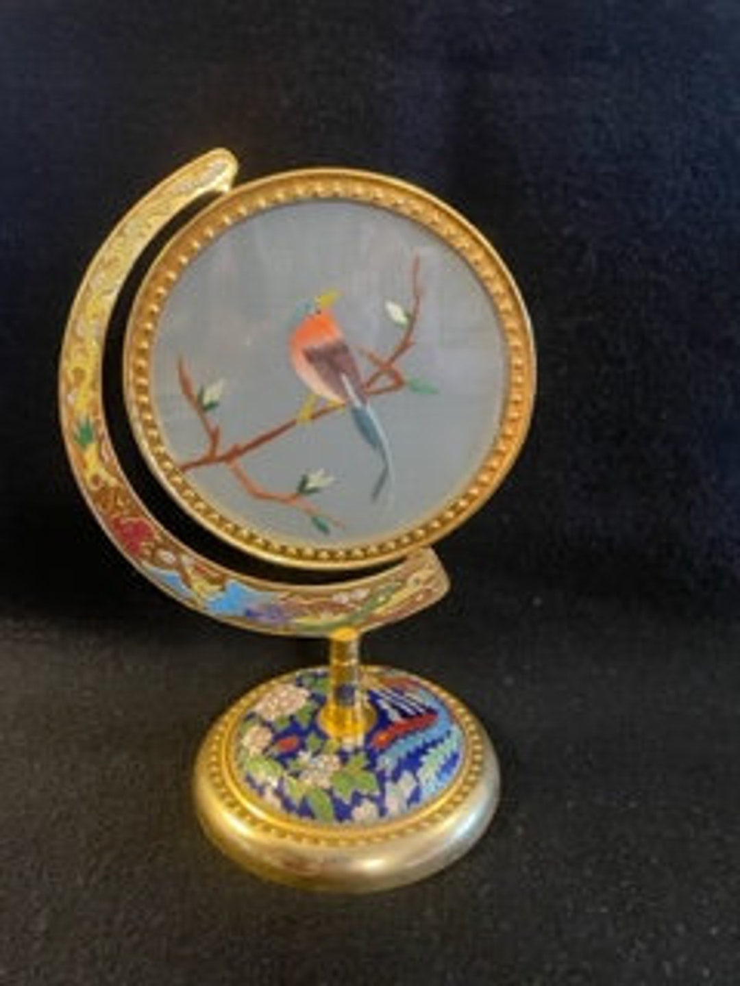 Silk Art Embroidered Bird Within Brass Swivel Picture Frame - Enamel ...