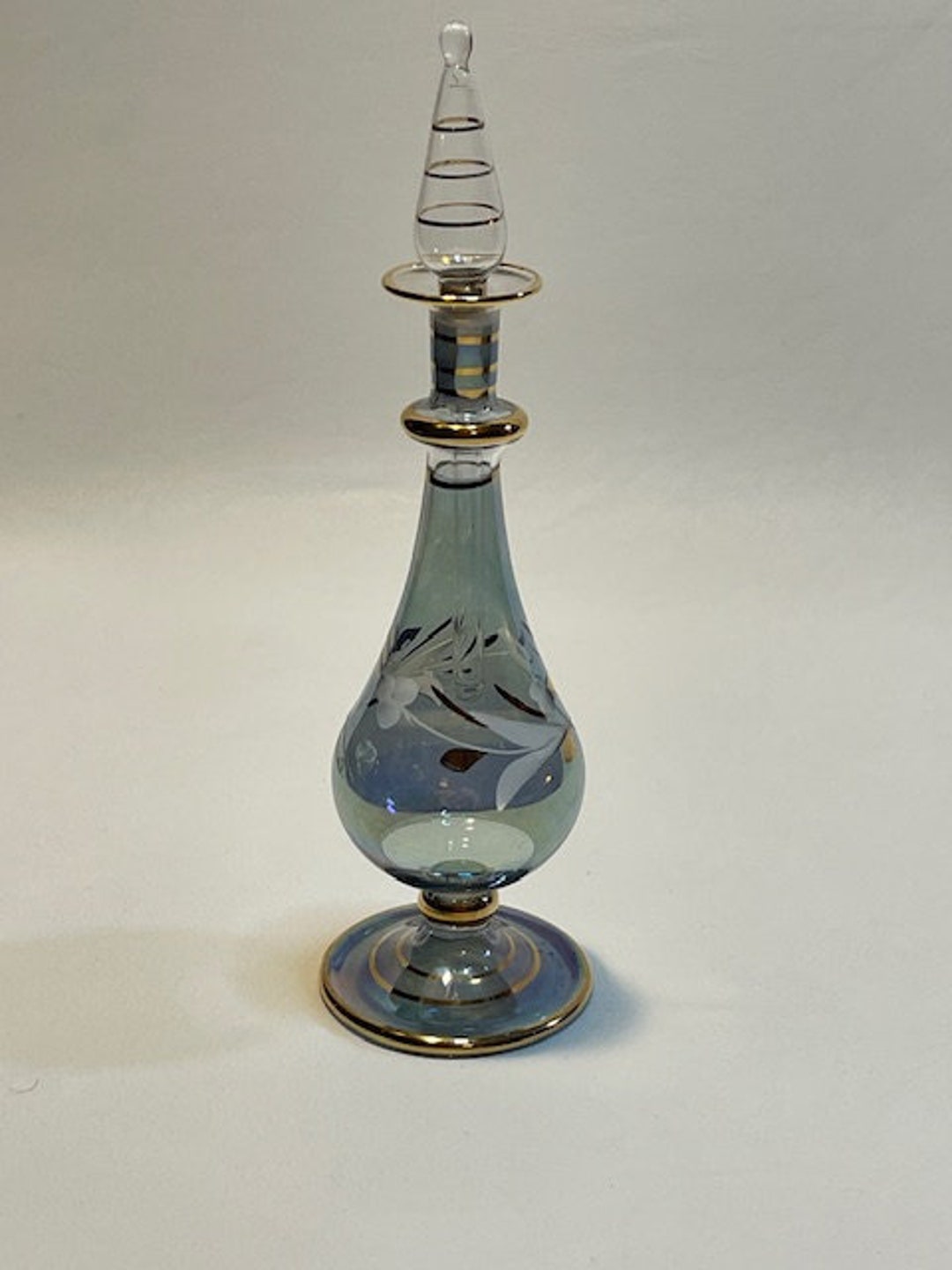 Etched Blue Glass "genie" Perfume Bottle With Gold Trim - Petite ...