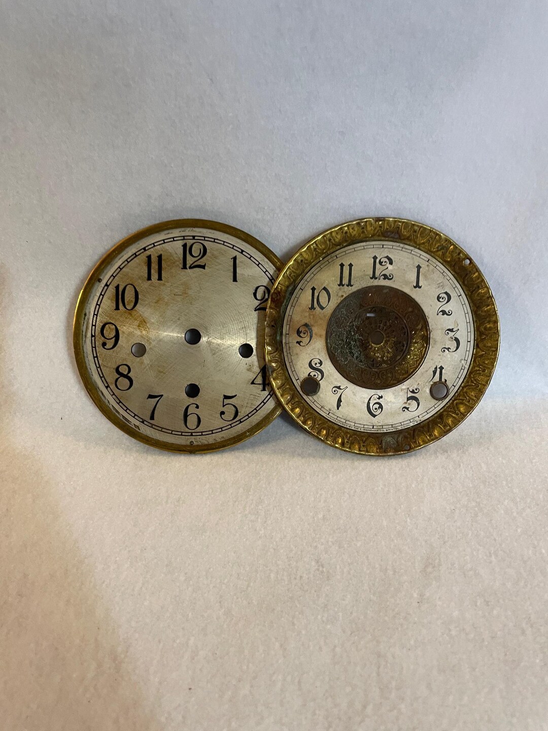 Two Vintage Metal Clock Faces Great Patina on Brass Clock Faces Great ...