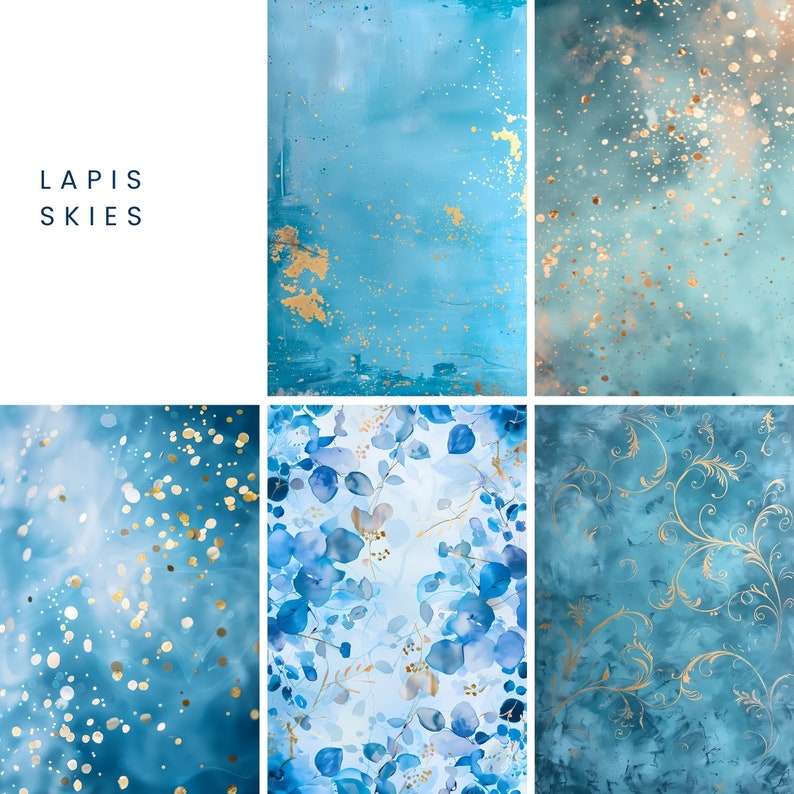 Grunge Digital Papers, 42 Lapis Sky Blue Designs, Aqua & Gold Textures ...