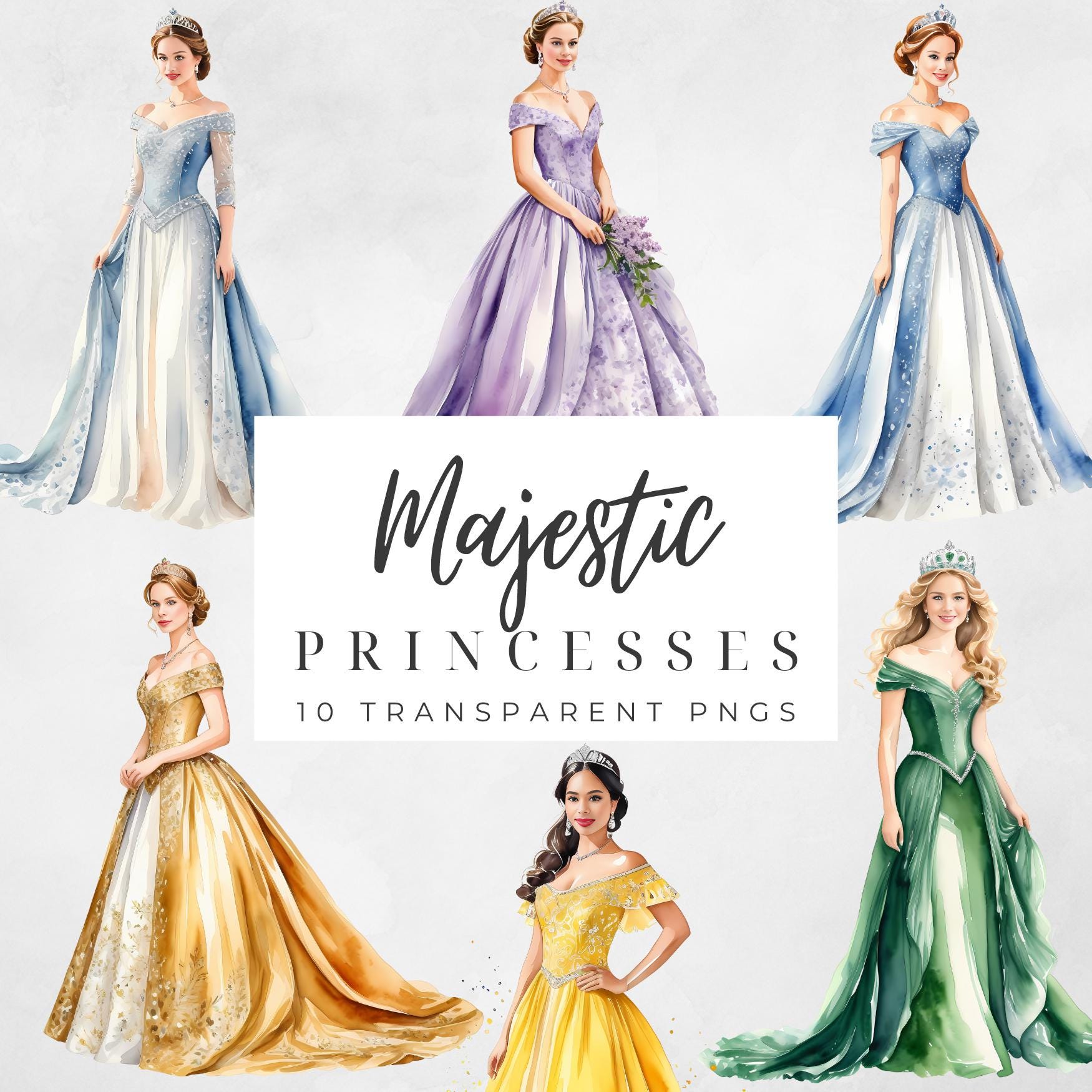 Majestic Watercolor Princess Clipart Set 10 Regal Digital Pngs for ...