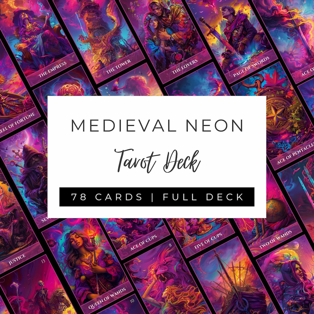 Medieval Neon Tarot Card Printable Deck, 22 Major and 56 Minor Arcana ...