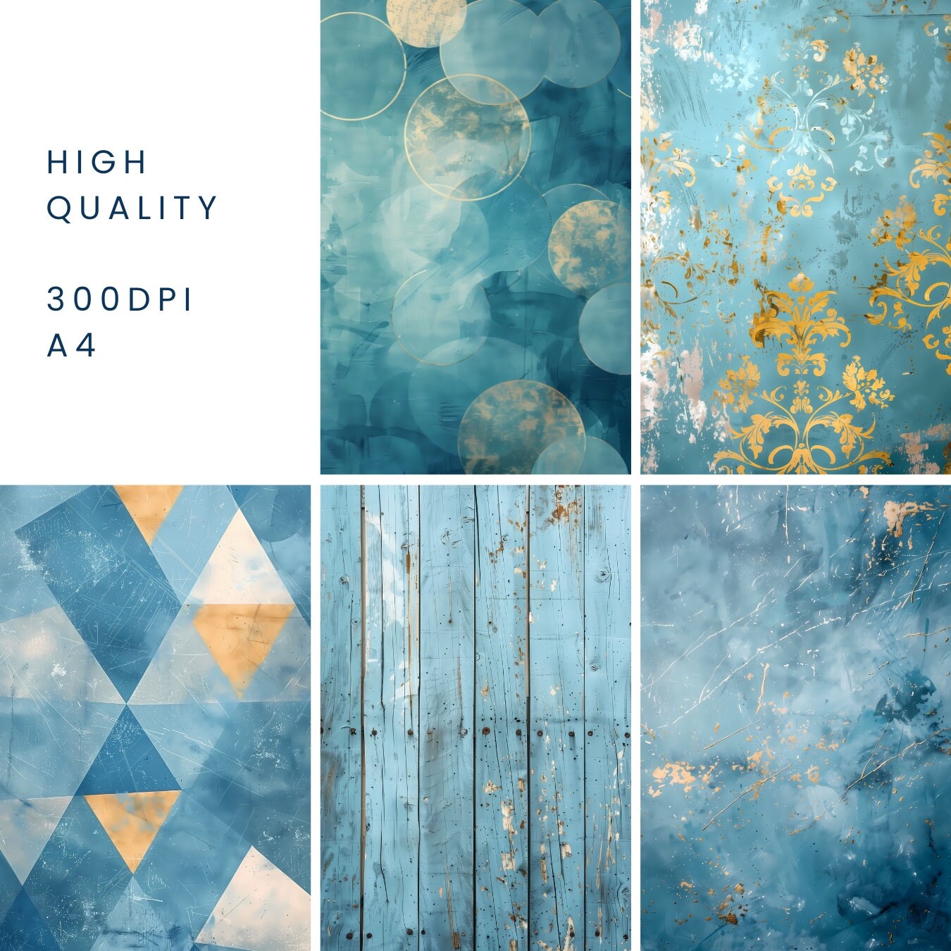 Grunge Digital Papers, 42 Lapis Sky Blue Designs, Aqua & Gold Textures ...