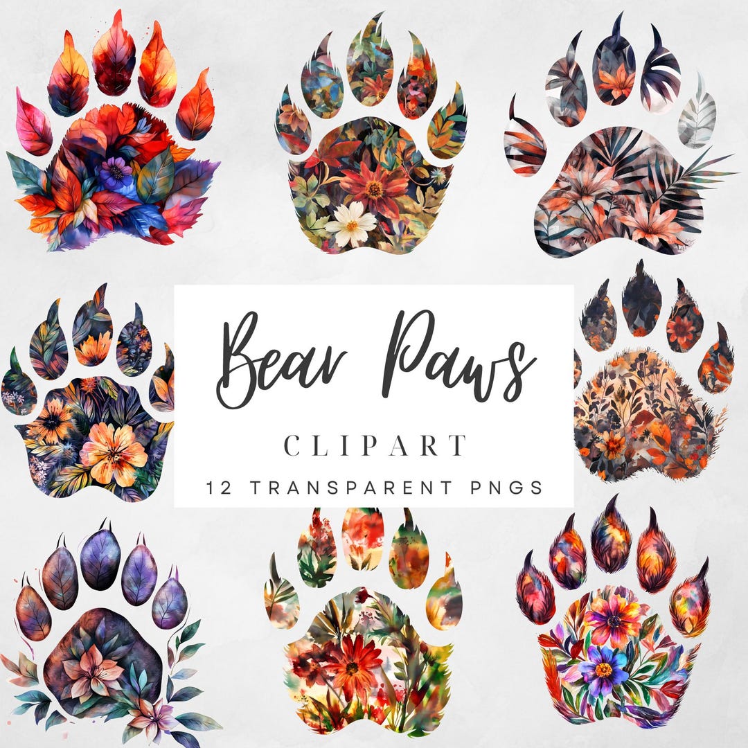 12 Bear Paws Clipart Set, Watercolor Animal Footprint PNG for Tshirt ...