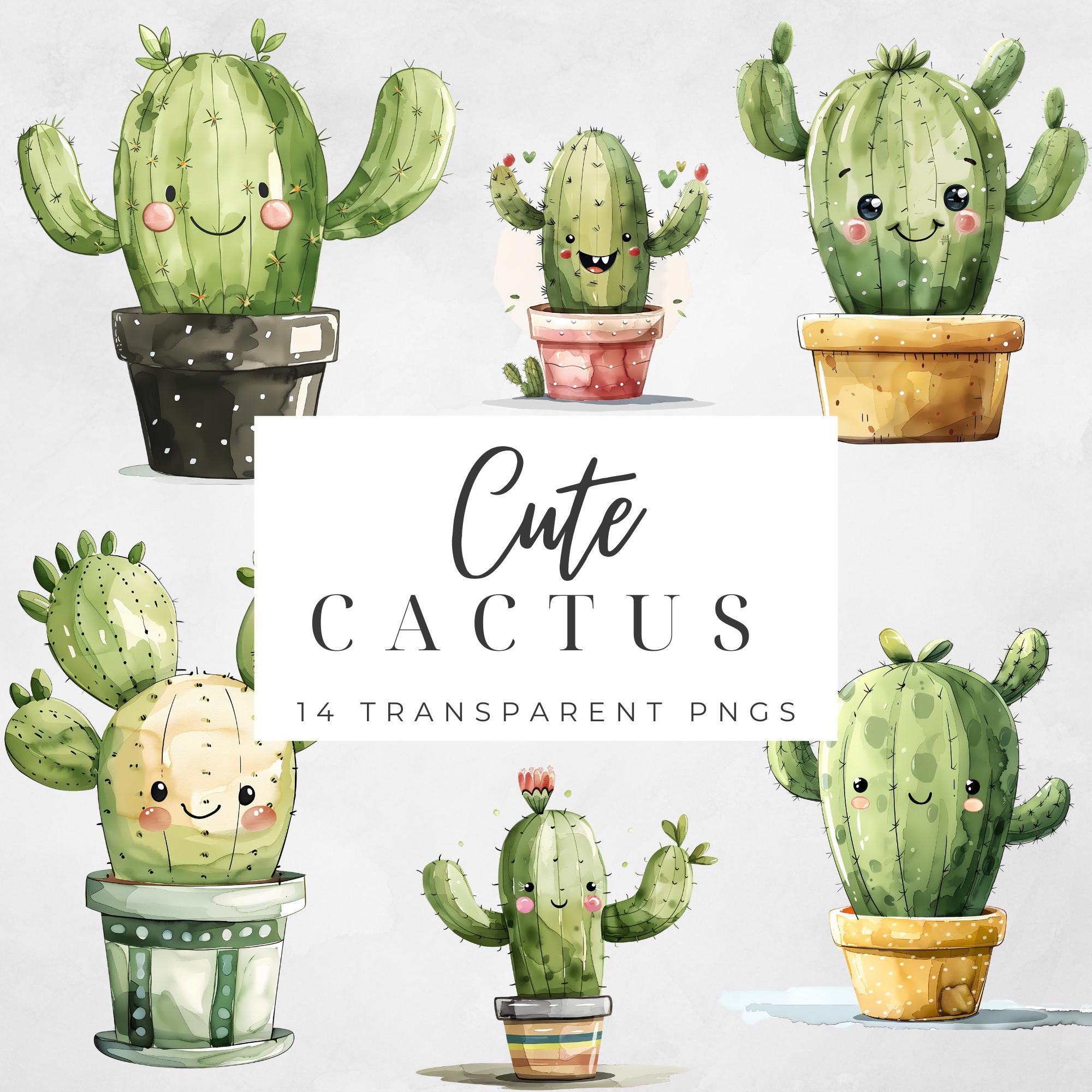 14 Boho Cactus Clipart Illustrations Watercolor Desert Cactus Pngs Cute ...