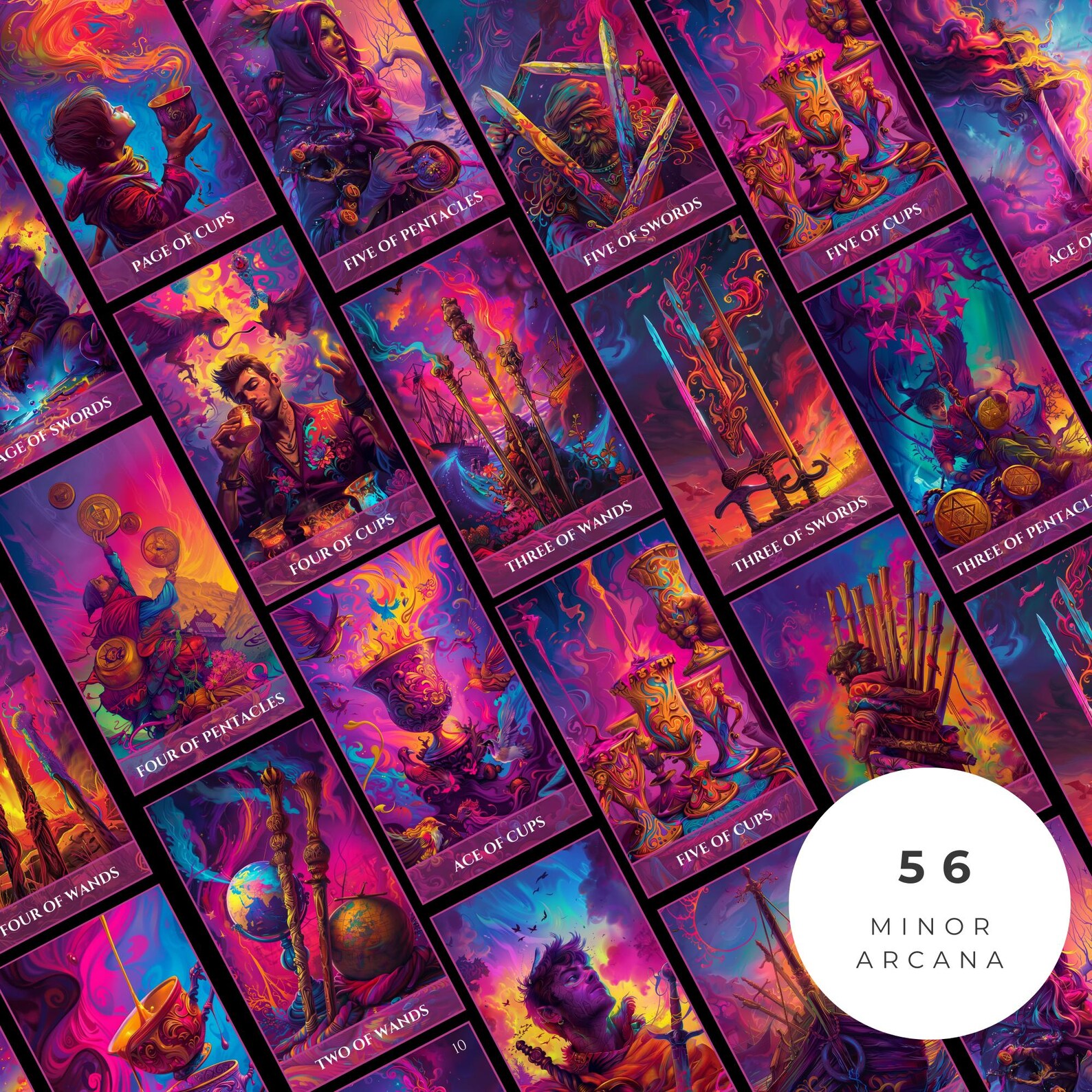 Medieval Neon Tarot Card Printable Deck, 22 Major and 56 Minor Arcana ...