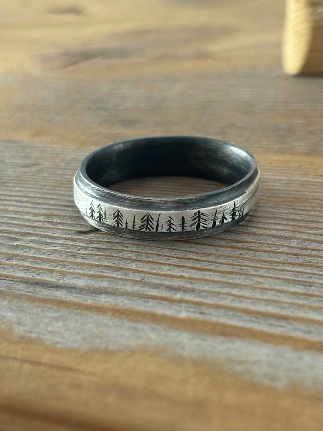 Hand Engraved Sterling Silver Pine Forest Ring: Oxidized Unisex Band - Etsy
