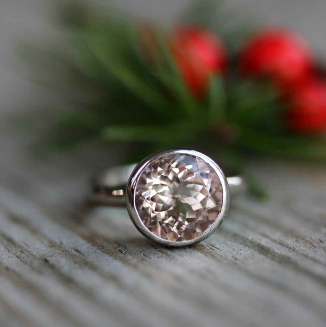 Pink Emerald Ring, Round Morganite Ring, 14k Palladium White Gold ...