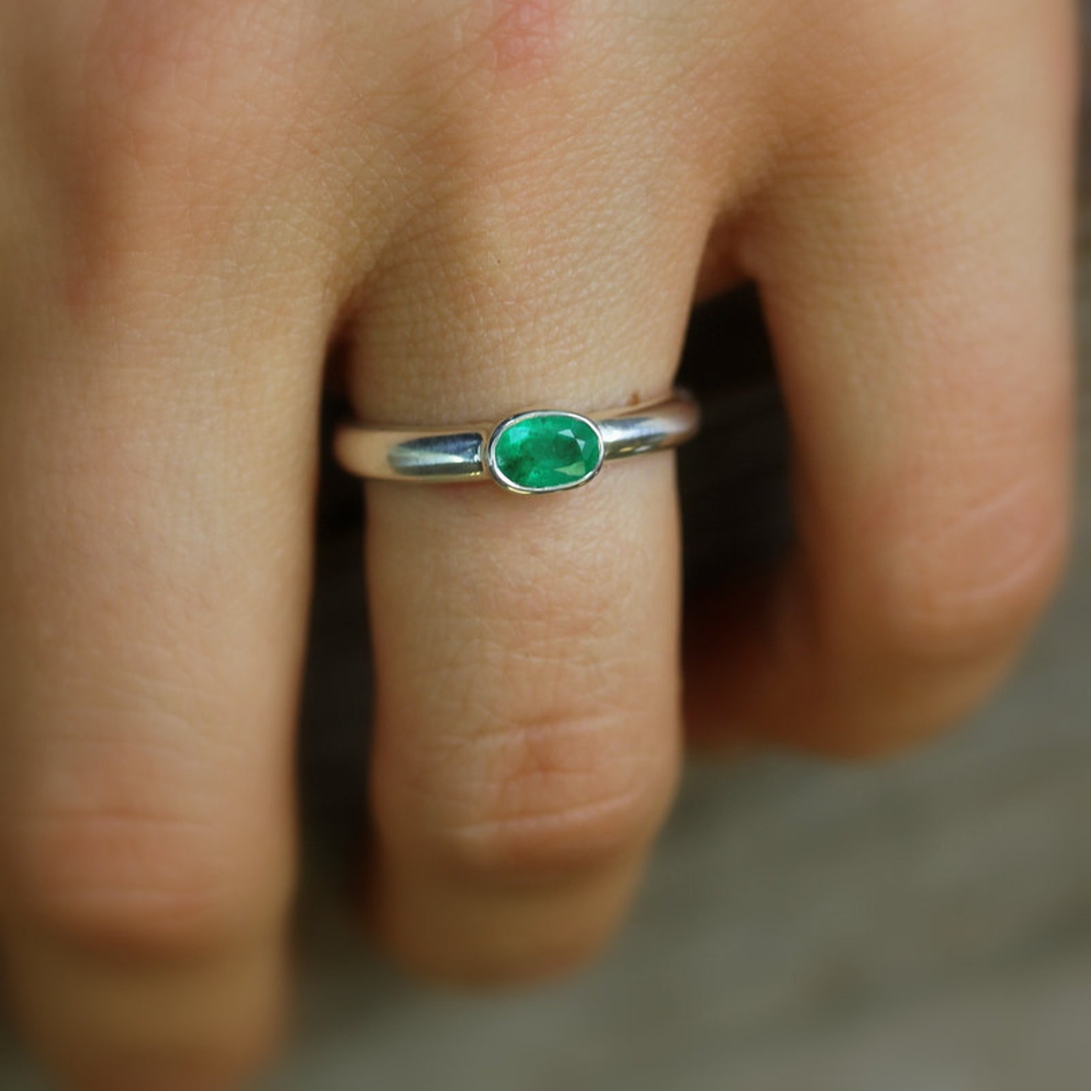 Emerald and Silver Ring, Low Profile Comfort-fit Band, Natural Emerald ...