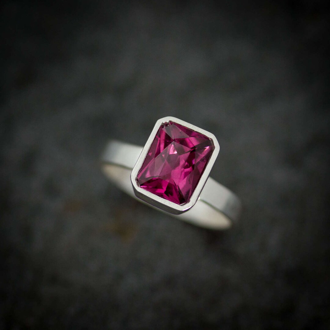 Pink Garnet Ring, Radiant Bezel Solitaire Gemstone Ring in Argentium ...