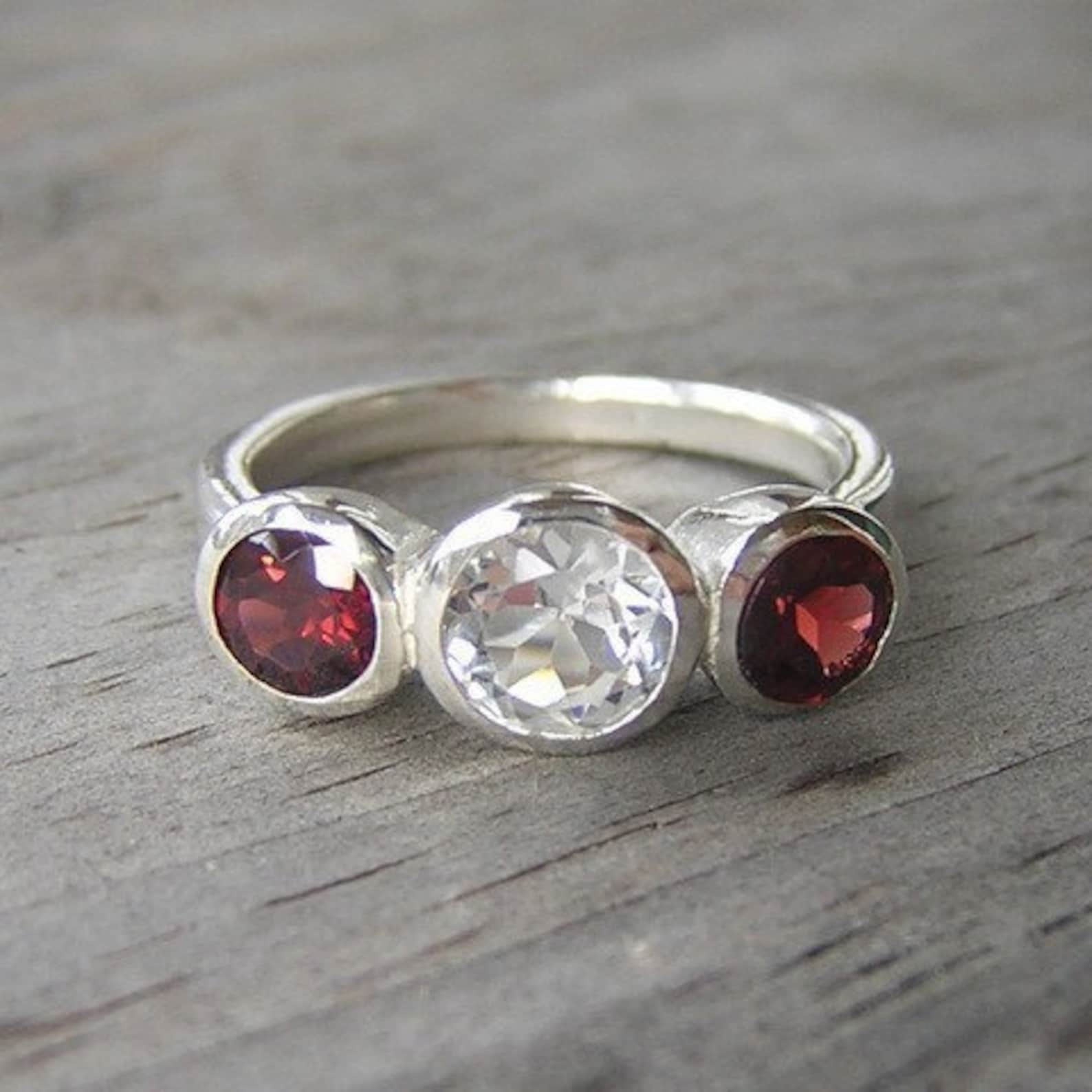 White Topaz and Red Garnet Ring Silver Bezel Ring January - Etsy