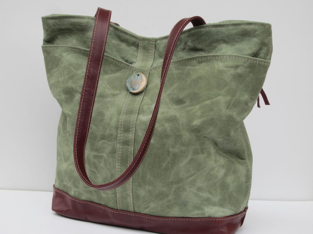 Large Waxed Canvas Tote Bag, Sage Green Canvas Shoulder Tote / Handbag ...