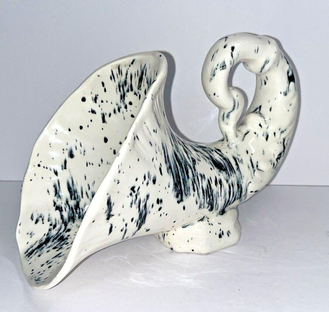 White Ceramic Cornucopia Pottery With Splash of Blue Decorative ...