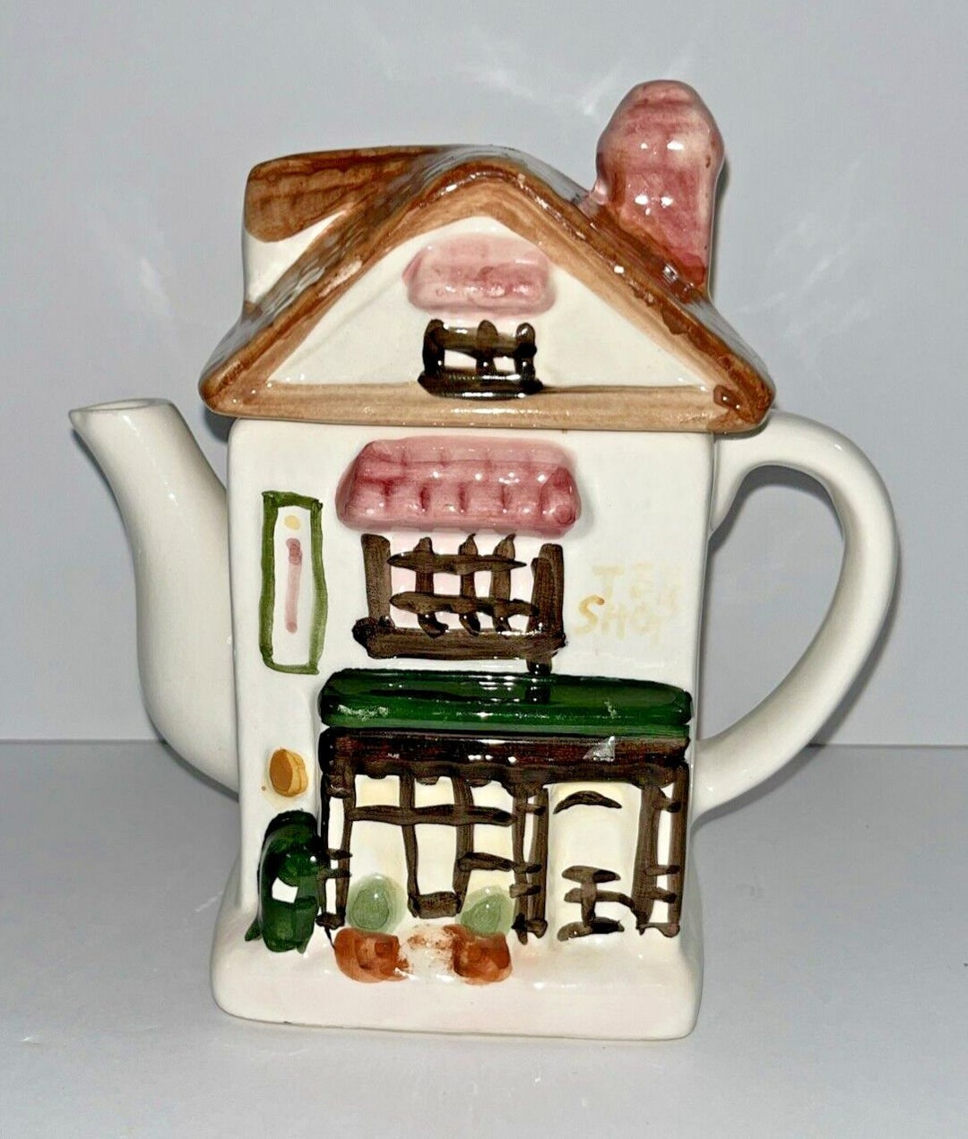 Vintage Ceramic Teapot Cottage House Shaped Hand Painted Tea Shop Decor ...