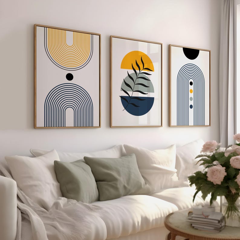 Boho Abstract Wall Art Prints, Set of 3 Prints, Boho Wall Art, Mid Century Prints, Blue Yellow ...