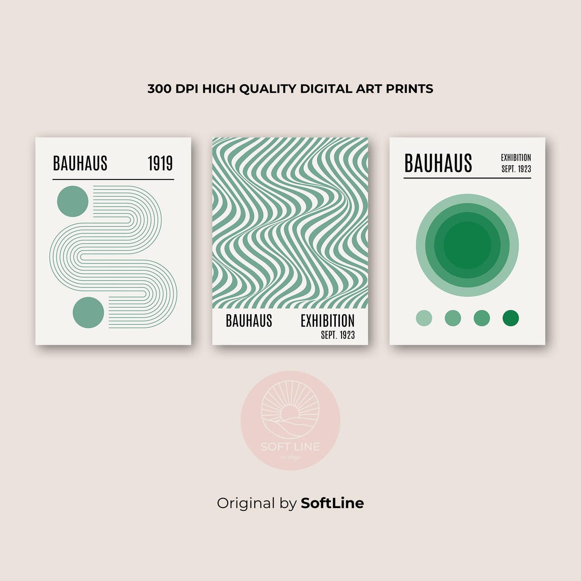 Set of 3 Green Bauhaus Art Print, Minimalist Retro Wall Art, Mid ...