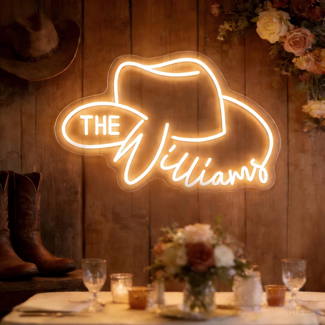 Custom Cowboy Hat LED Neon Sign, Last Name Wedding Decor, Cowboy ...