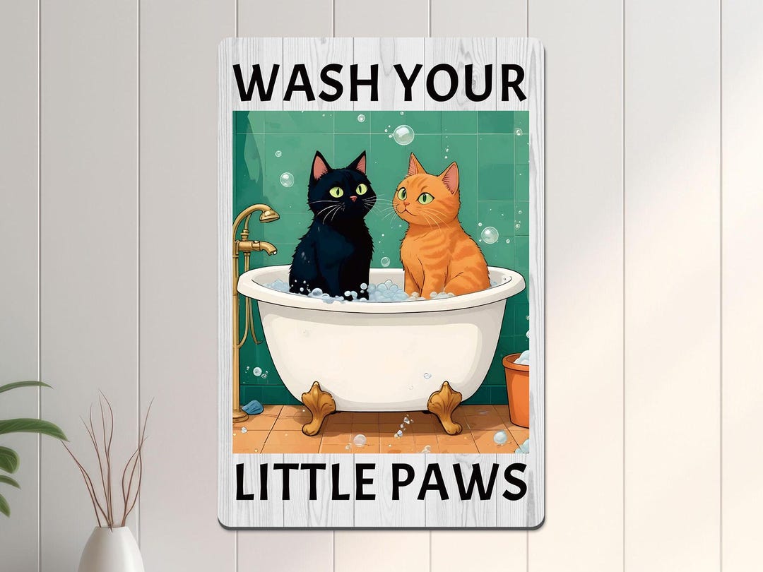 Wash Your Paws Cat UV Print Wood Sign, Cute Bathroom Poster, Wash Room ...