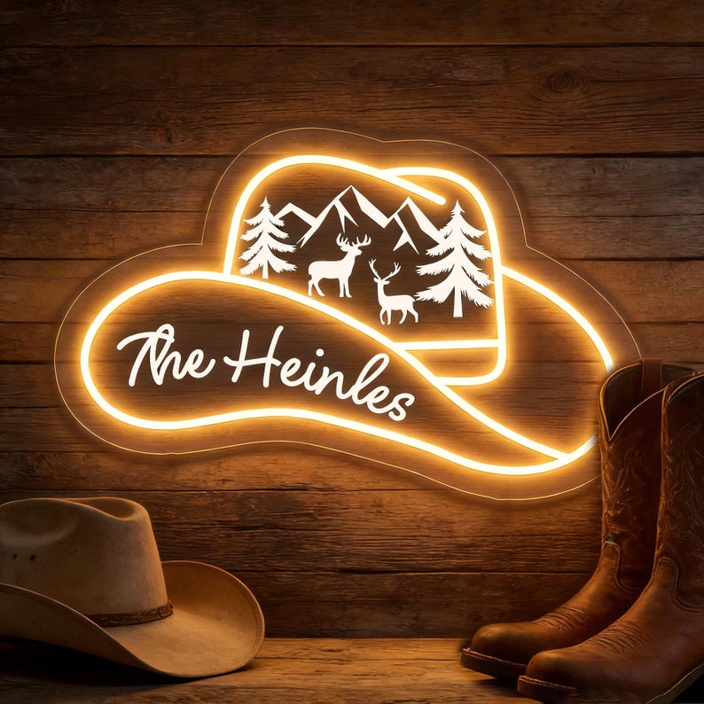 Custom Cowboy Hat LED Neon Sign, Last Name Wedding Decor, Cowboy ...